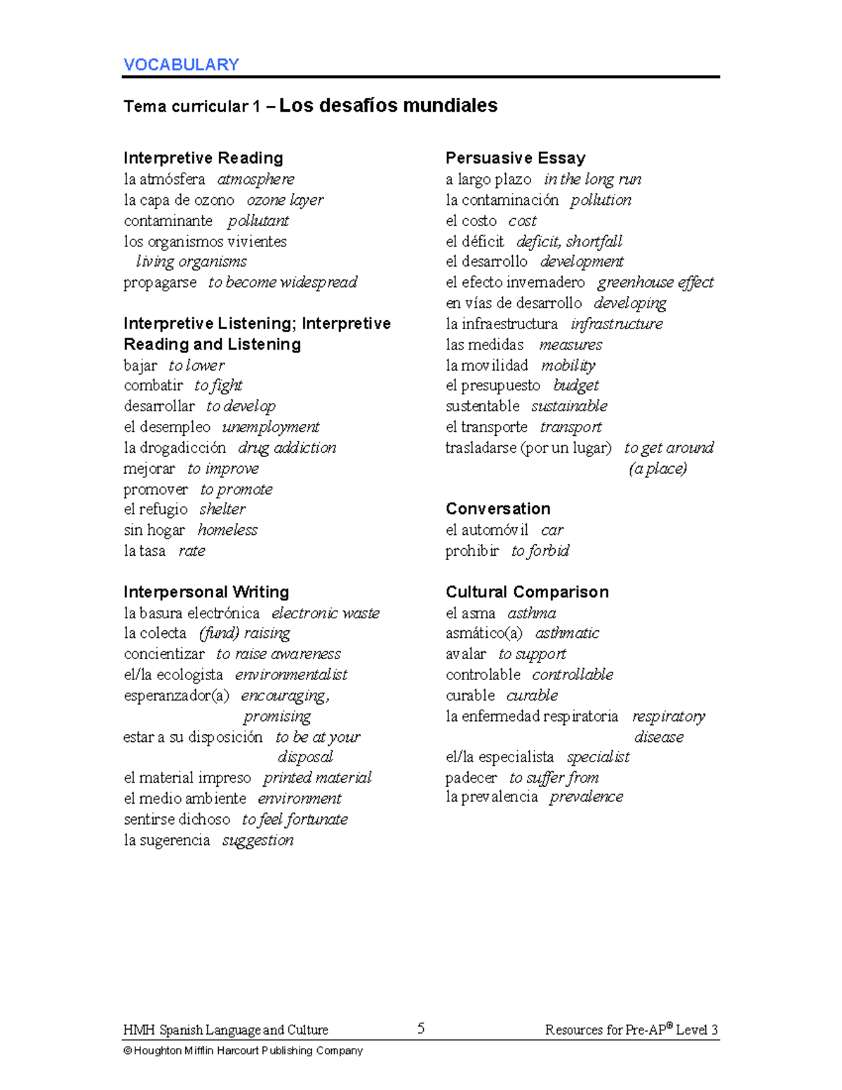 Pre-AP Student Vocabulary - HMH Spanish Language and Culture Resources ...