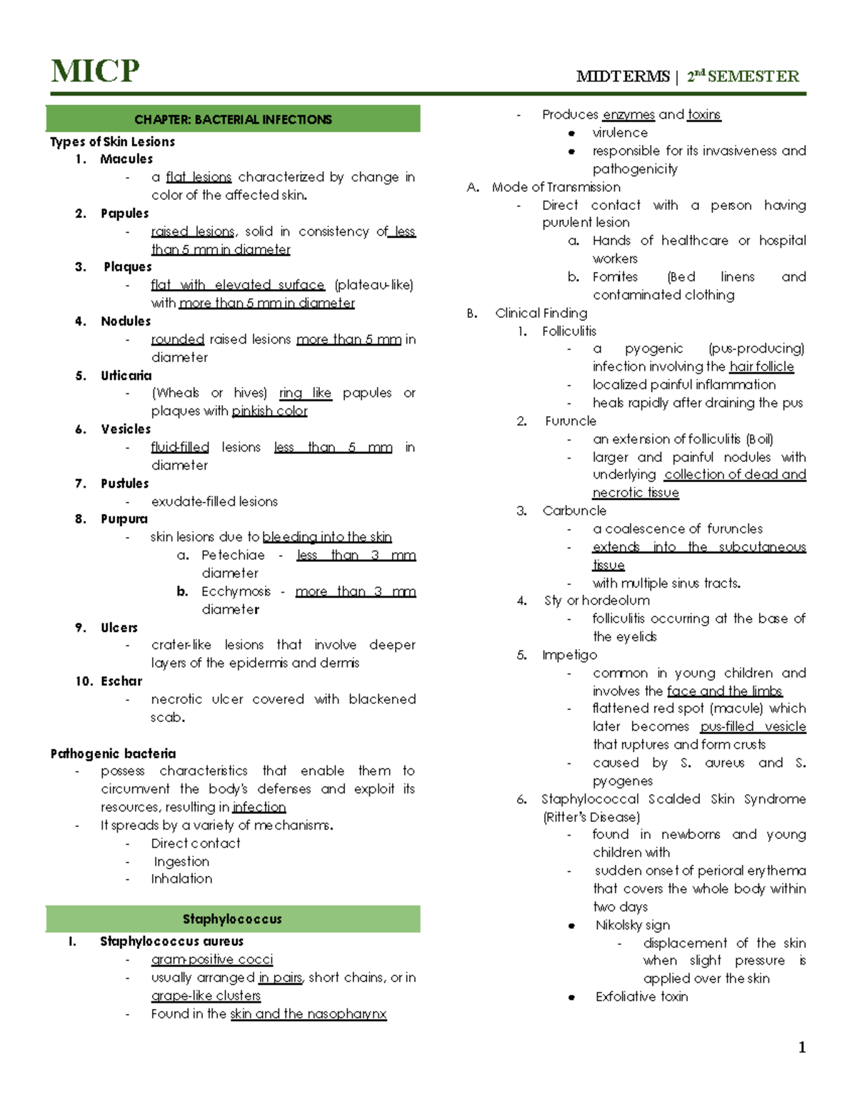 MICP- Midterms-1 - MICP MIDTERMS | 2 nd SEMESTER CHAPTER: BACTERIAL INFECTIONS Types of Skin ...