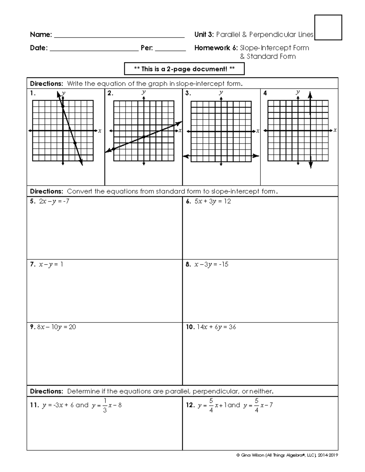 Geom Slope Intercept and Standard Form Practice - Name