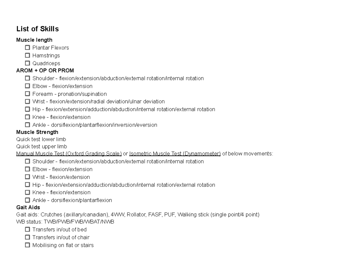 VIVA PRAC - List of Skills Muscle length Plantar Flexors Hamstrings ...