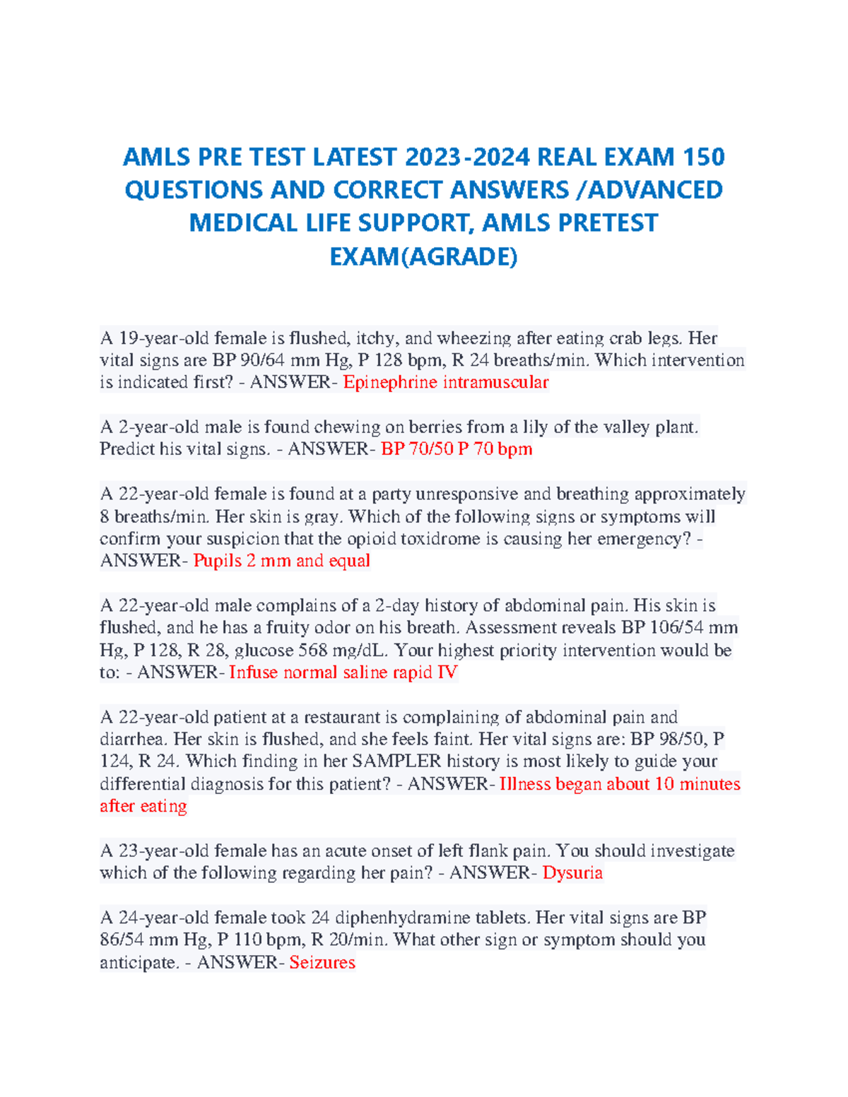 AMLS PRE TEST Latest 2023 - AMLS PRE TEST LATEST 2023-2024 REAL EXAM ...