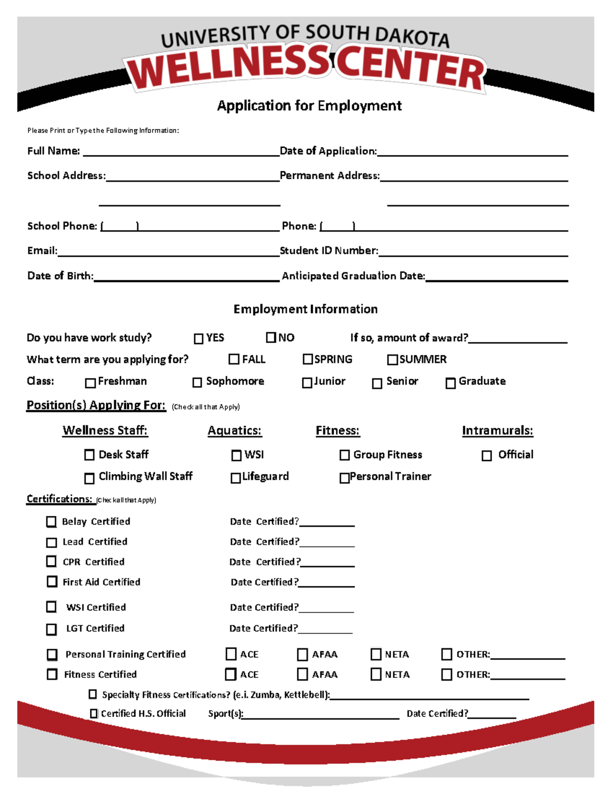 Wellness Center Employment Application - Application for Employment ...