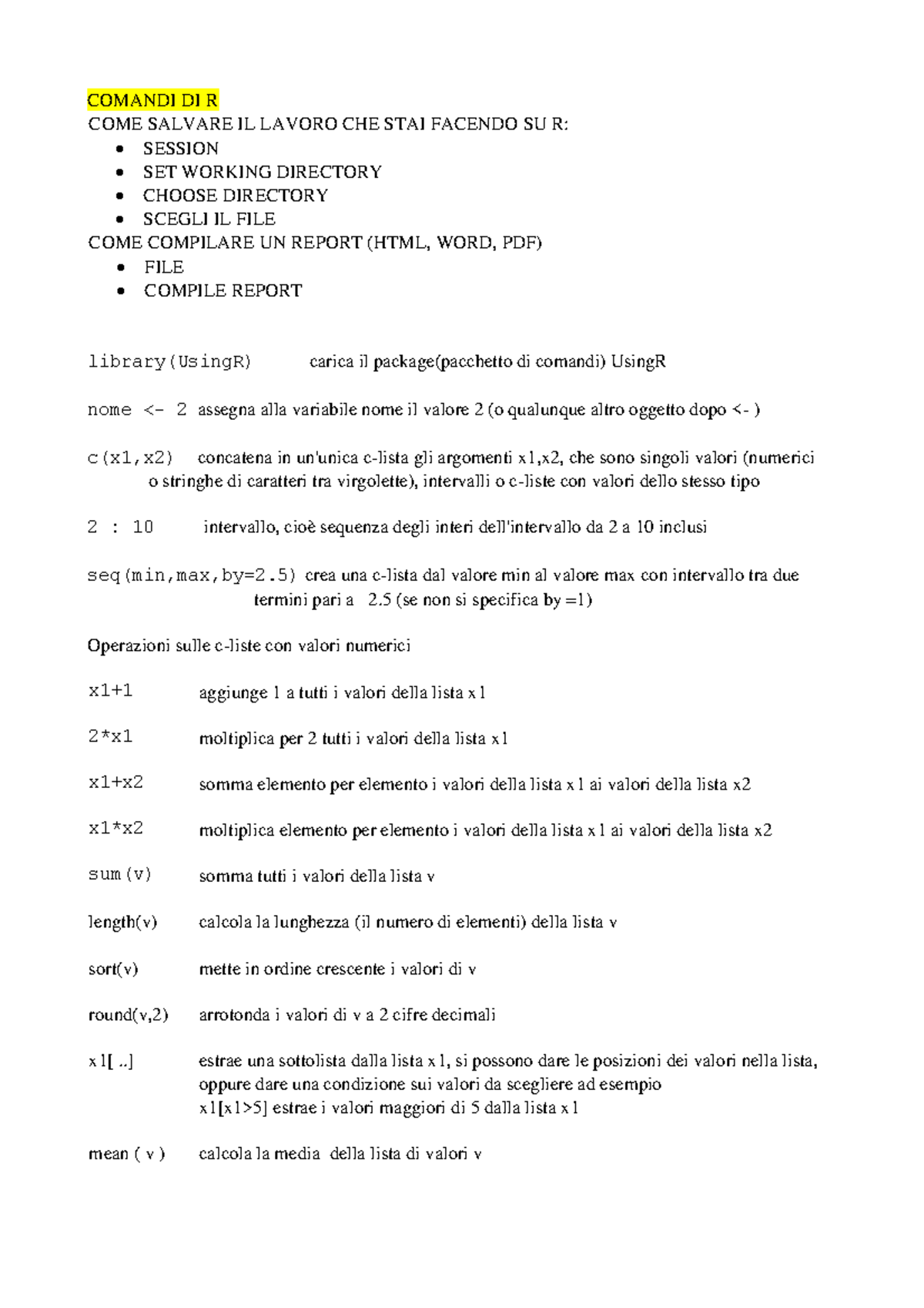 formulario completo per il programma r studio - COMANDI DI R COME ...