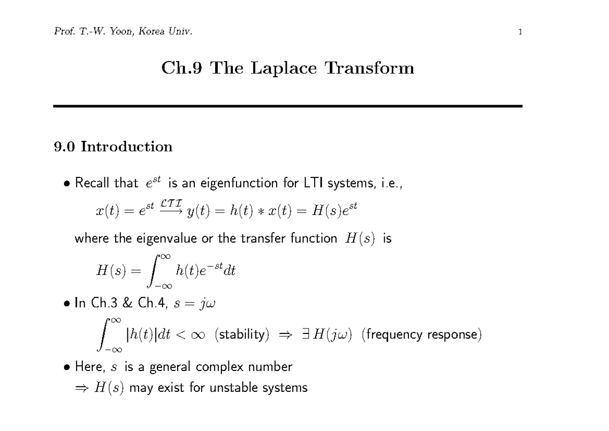 Ch9 - Lecture note about the Laplace transform - Ch The Laplace Transform 9 Introduction Recall ...
