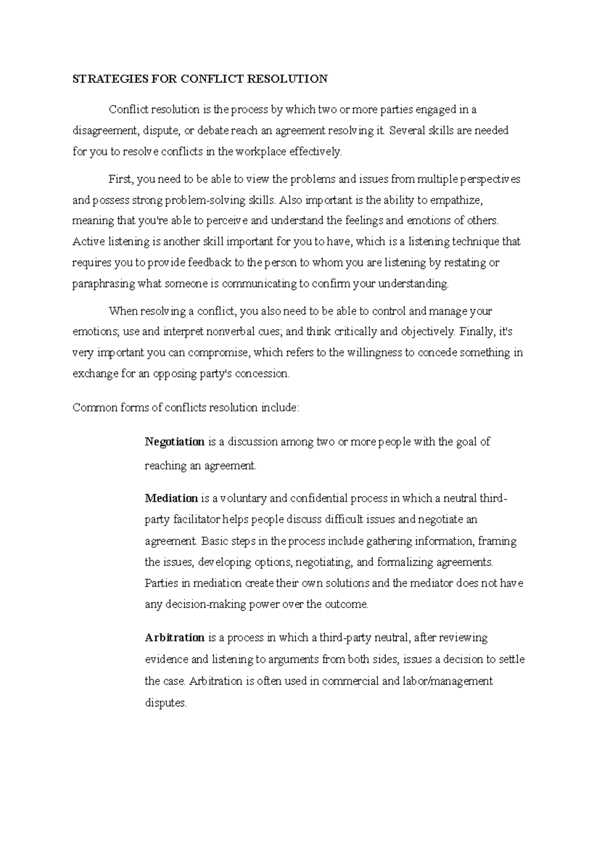 Strategies for Conflict Resolution - STRATEGIES FOR CONFLICT RESOLUTION ...