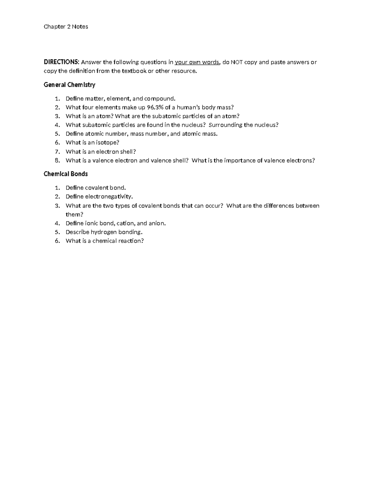 Chapter 2 Notes - Chapter 2 Notes DIRECTIONS: Answer the following ...