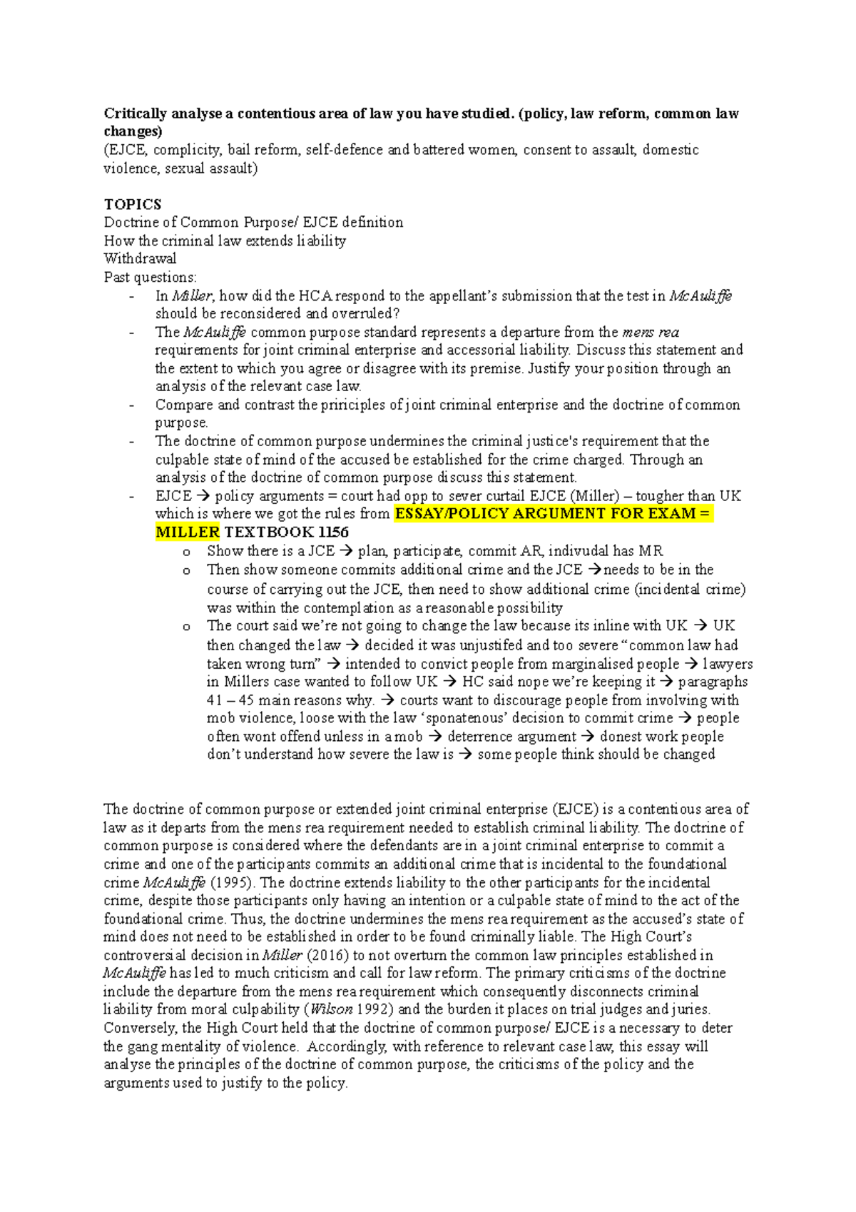 Doctrine of Common Purpose EJCE - Critically analyse a contentious area ...