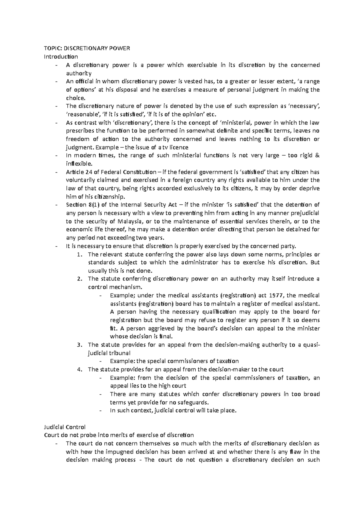 Discretionary Power - Notes - TOPIC: DISCRETIONARY POWER Introduction ...