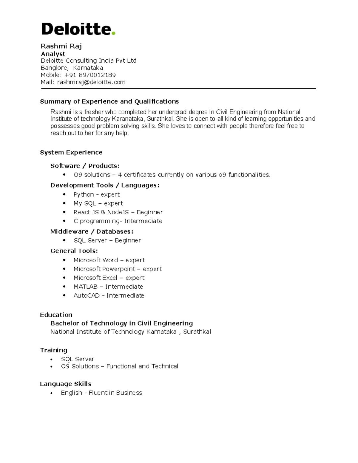 my Resume document template - Rashmi Raj Analyst Deloitte Consulting ...