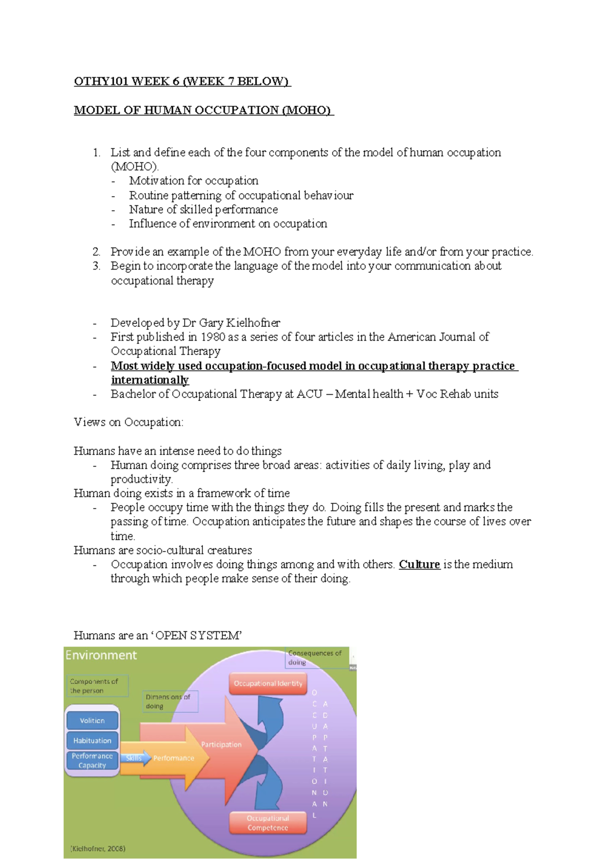 OTHY101 WEEK 6 & 7 MOHO - OTHY101 WEEK 6 (WEEK 7 BELOW) MODEL OF HUMAN ...