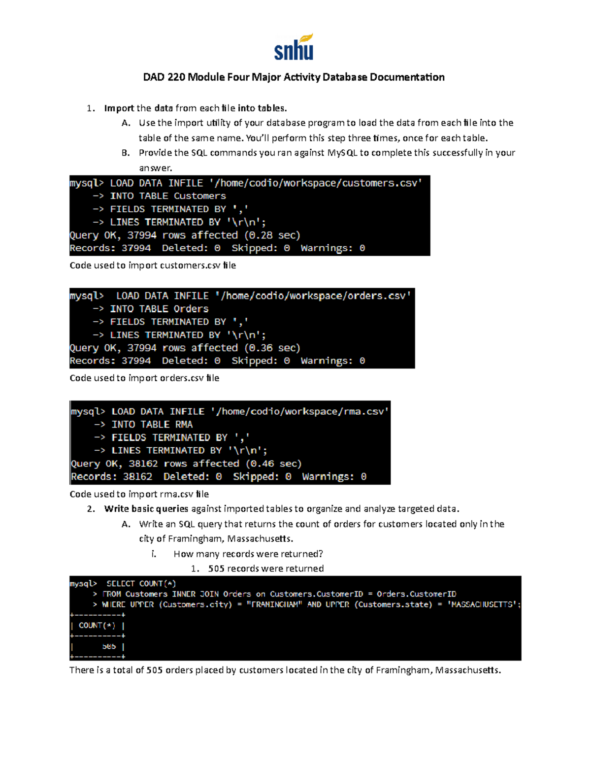 Module Four Major Activity Database - A. Use the import utility of your ...