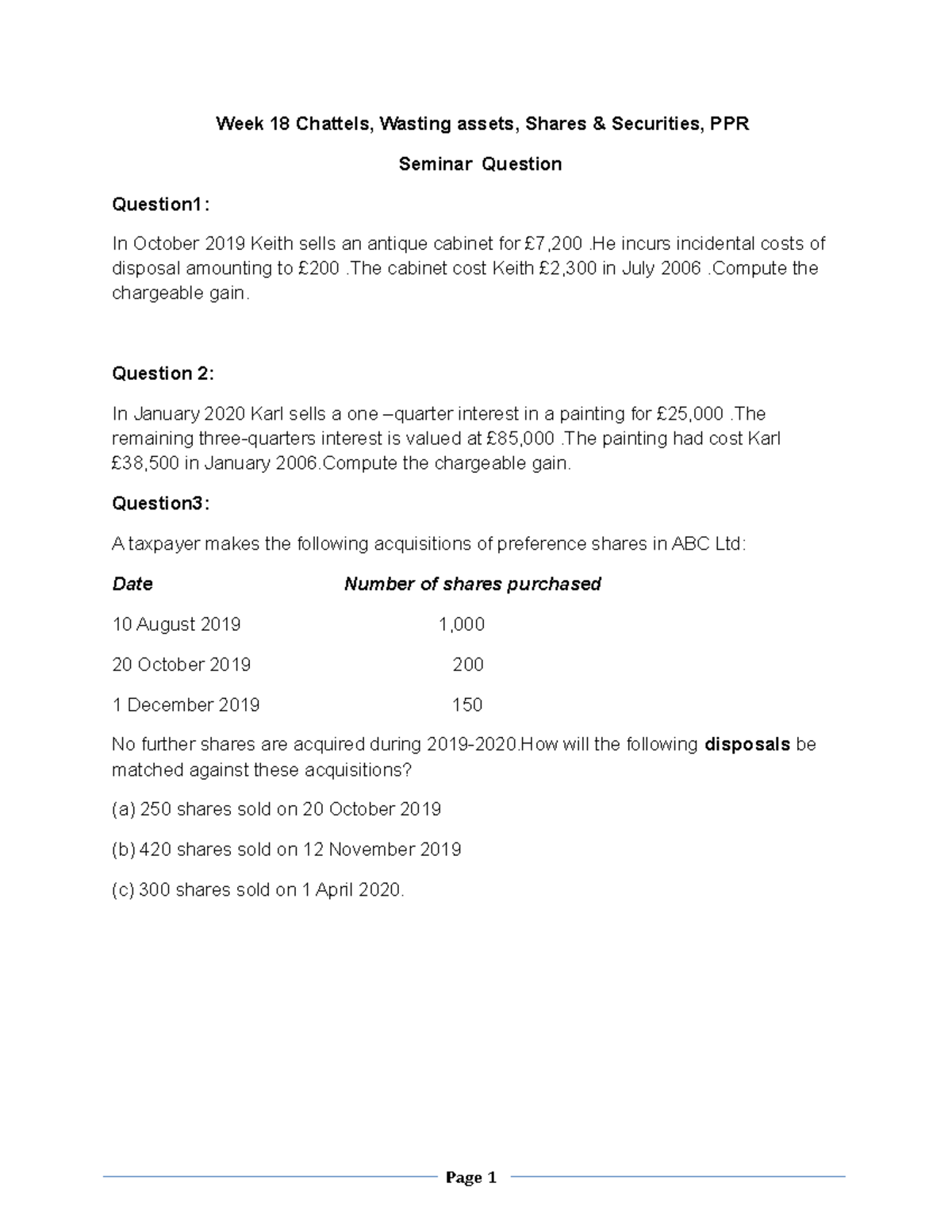 Week 18-Capital Gains Tax -Chattels,Wasting Assets,Shares and Securites ...