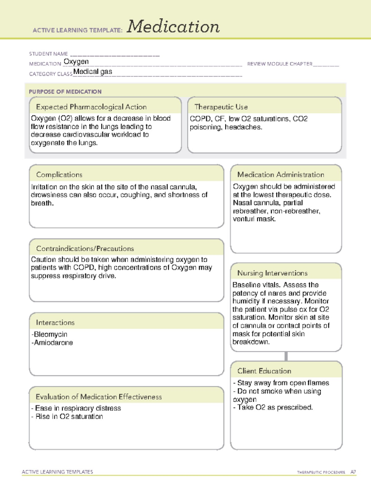 Oxygen Template - ACTIVE LEARNING TEMPLATE: Medication STUDENT NAME ...