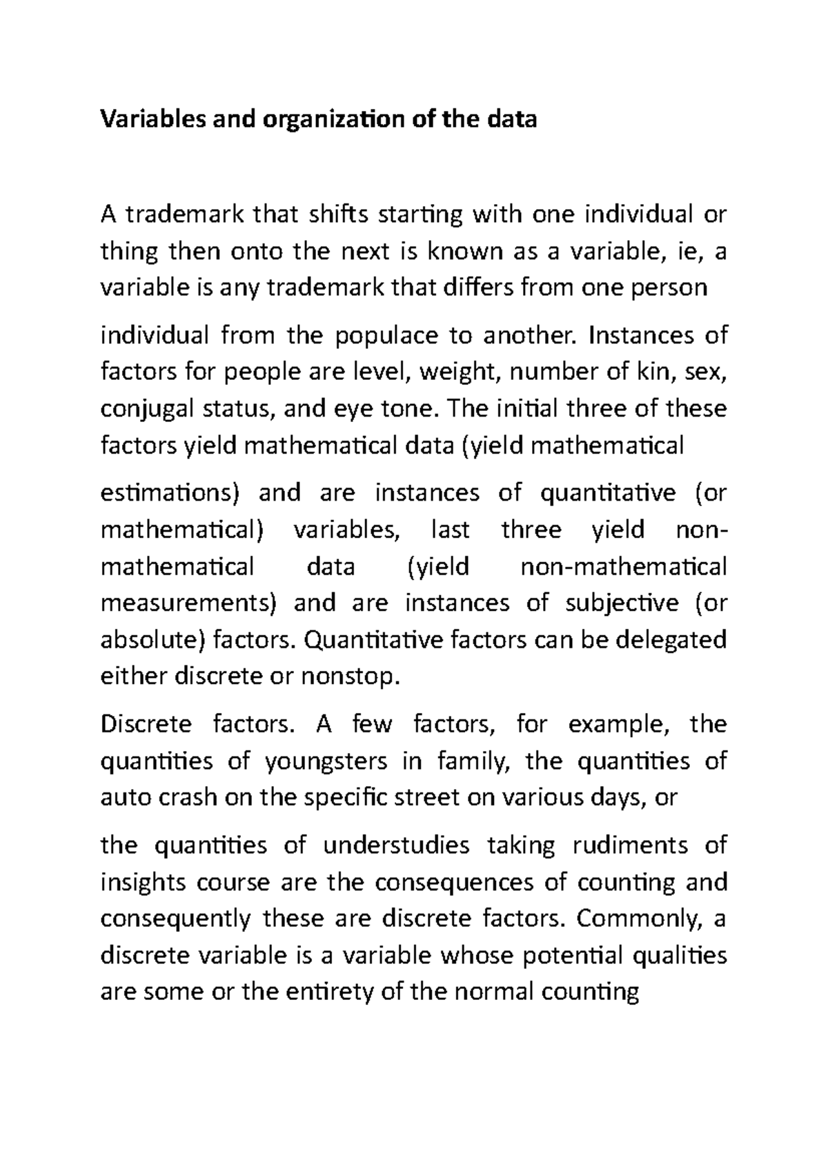 Variables and organization of the data - Instances of factors for ...
