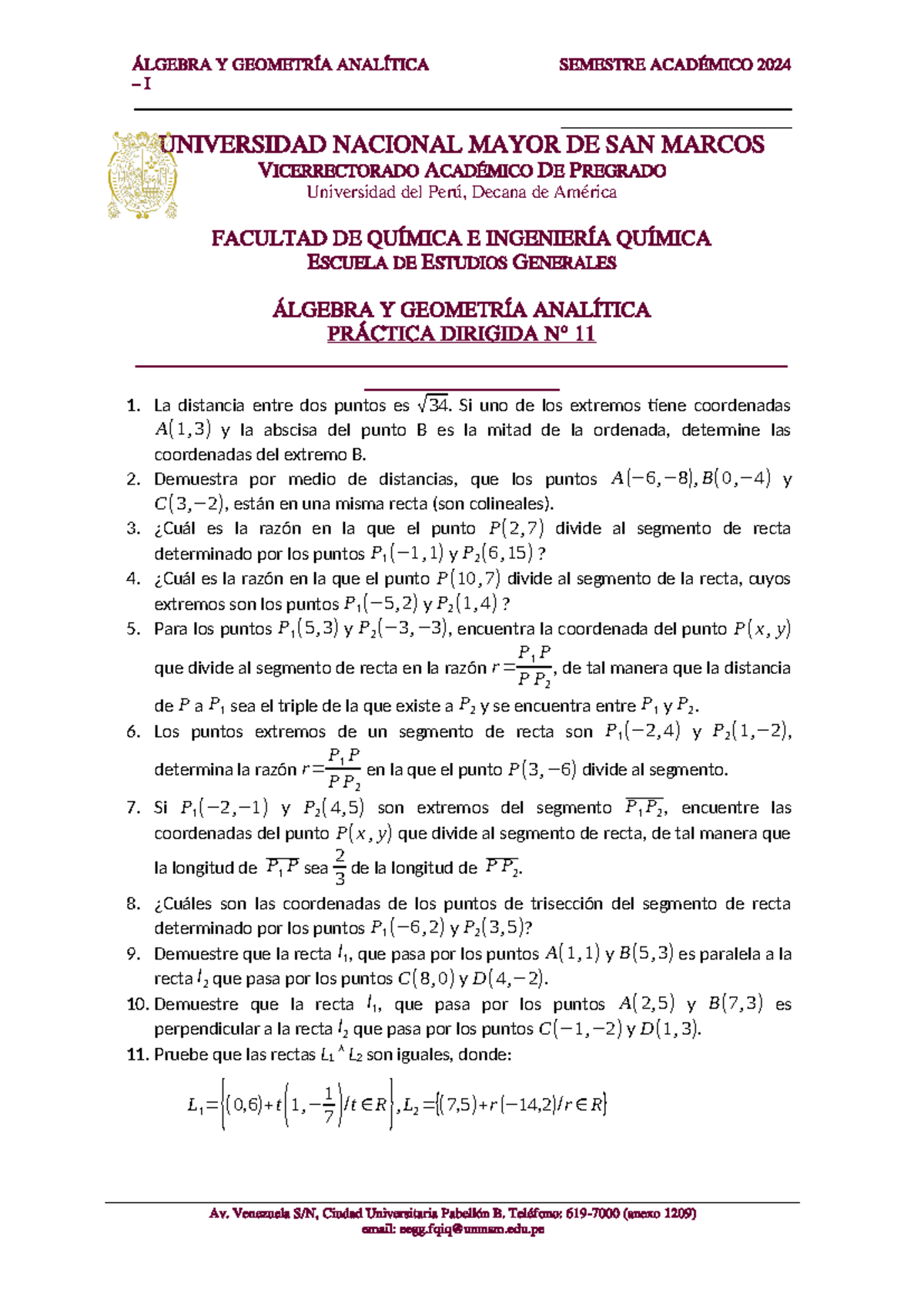 Práctica dirigida 11. La recta - 140424 - I UNIVERSIDAD NACIONAL MAYOR ...