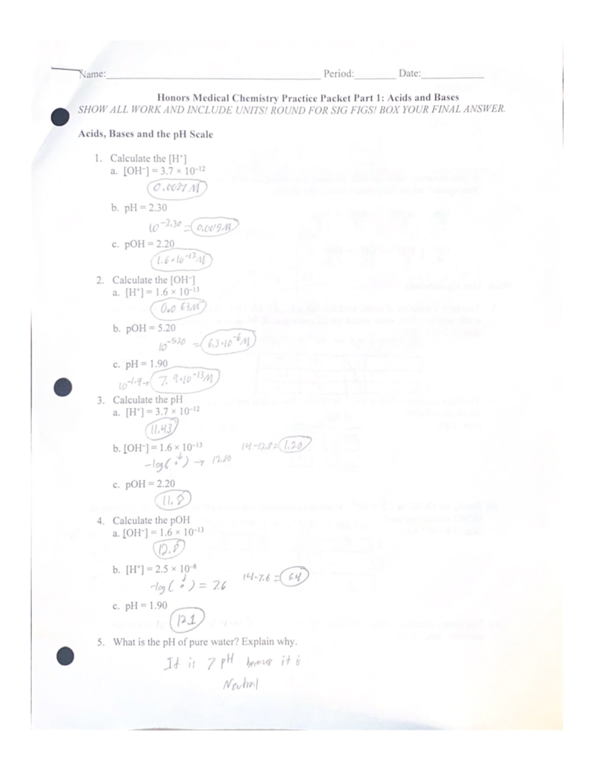 Honors Medical Chemistry Practice Packet Part 1 Acids and Bases ...