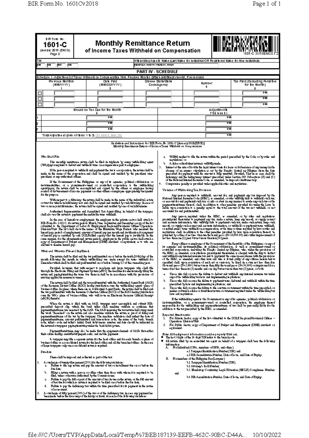 1521 1601C 092022 - accounting - BIR Form No. 1601-C January 2018 (ENCS ...