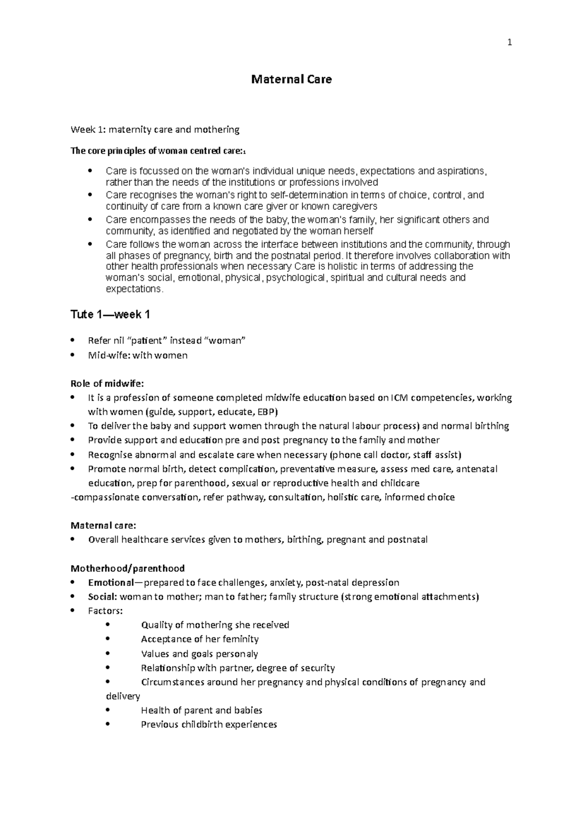 Course Summary Notes: Weeks 1-8 - Maternal Care Week 1: maternity care ...