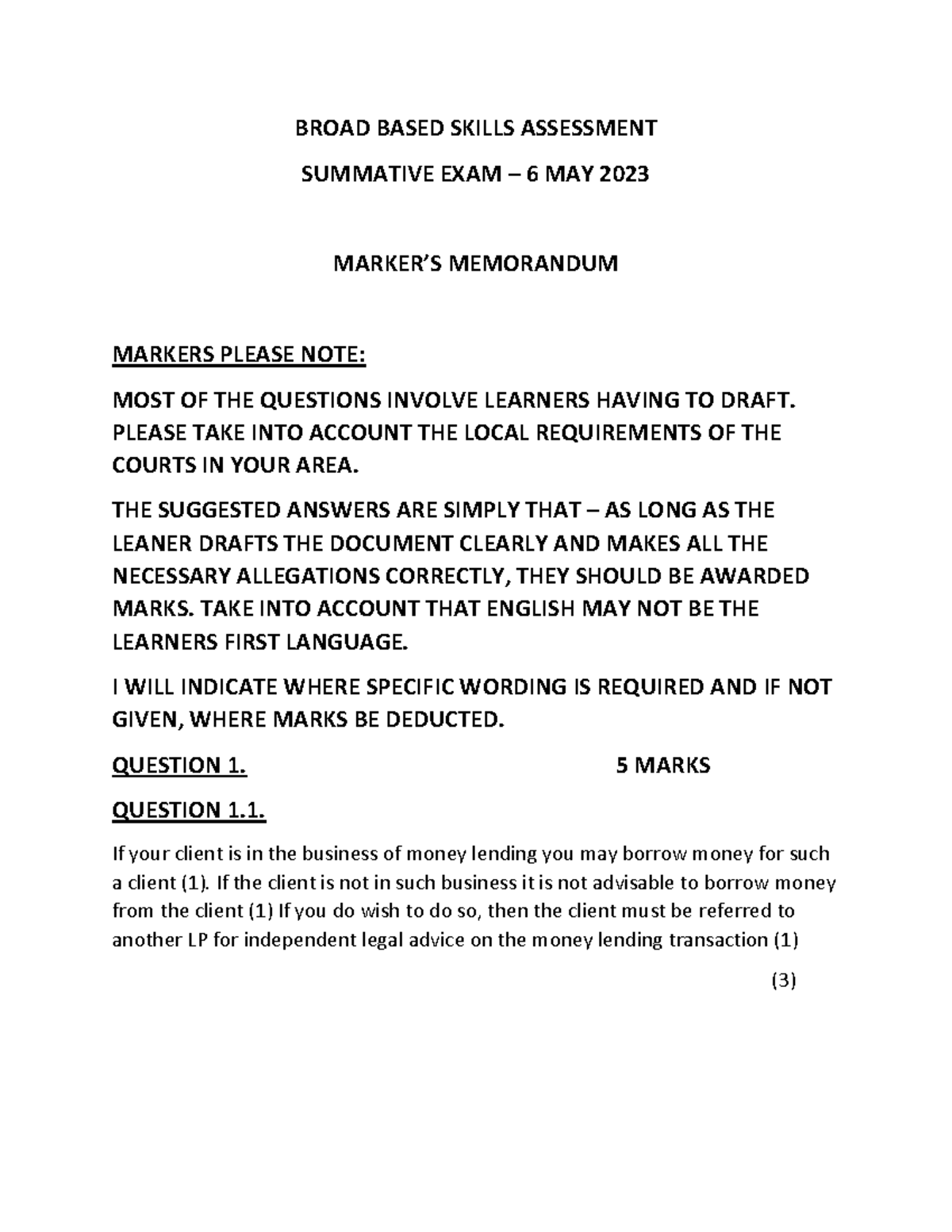 Broad Based Skills Assessment Markers MEMO 6 MAY 2023 2 - BROAD BASED ...