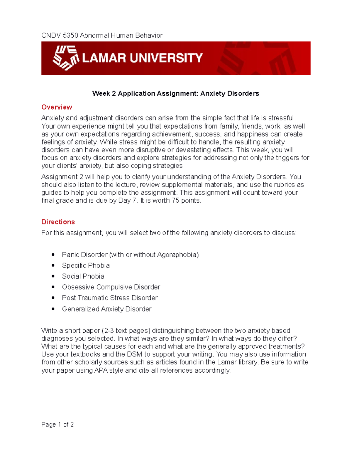 Week 2 Assignment Anxiety Disorders - CNDV 5350 Abnormal Human Behavior ...