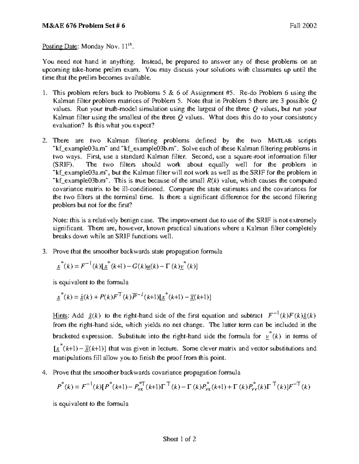 Ass06 02 - asas - M&AE 676 Problem Set # 6 Fall 2002 Sheet 1 of 2 ...