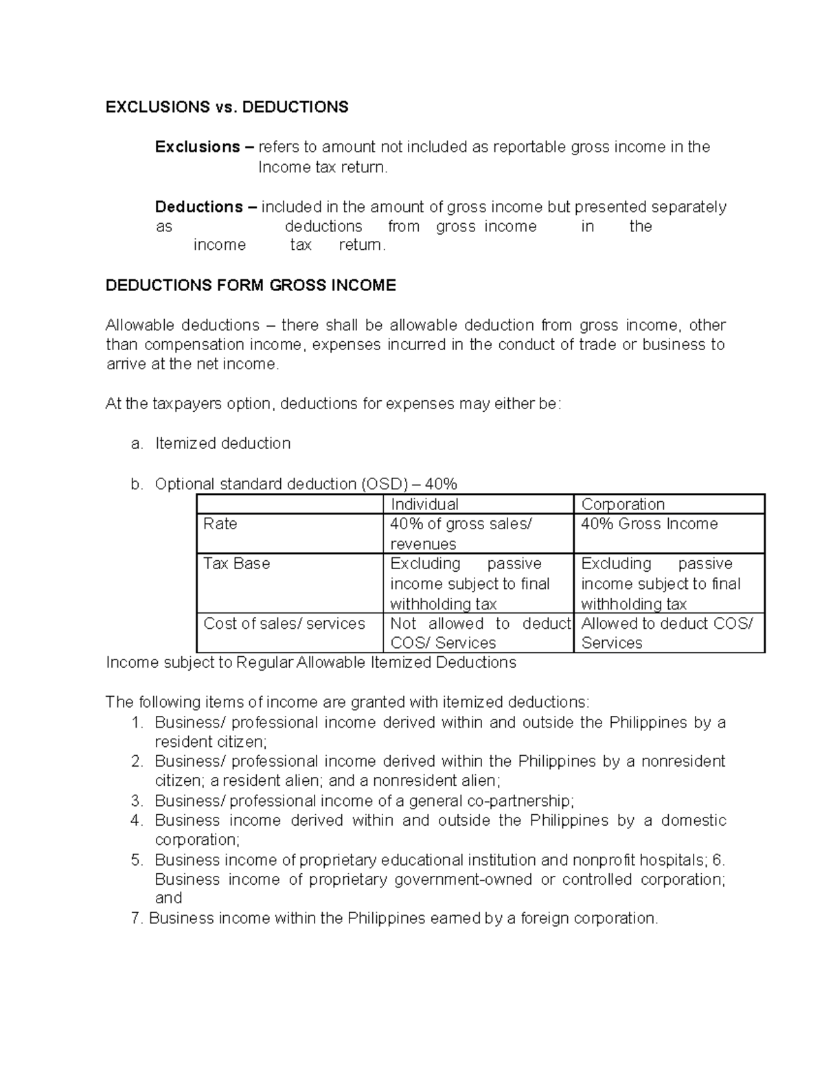 Income Taxation- Lecture Notes-13 - EXCLUSIONS vs. DEDUCTIONS ...