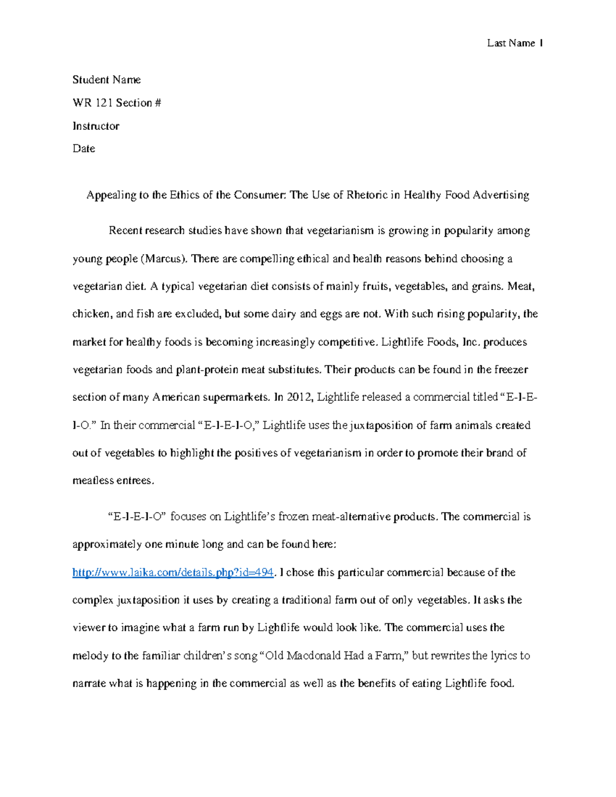 Sample Critical Analysis Essay commercial - Student Name WR 121 Section ...