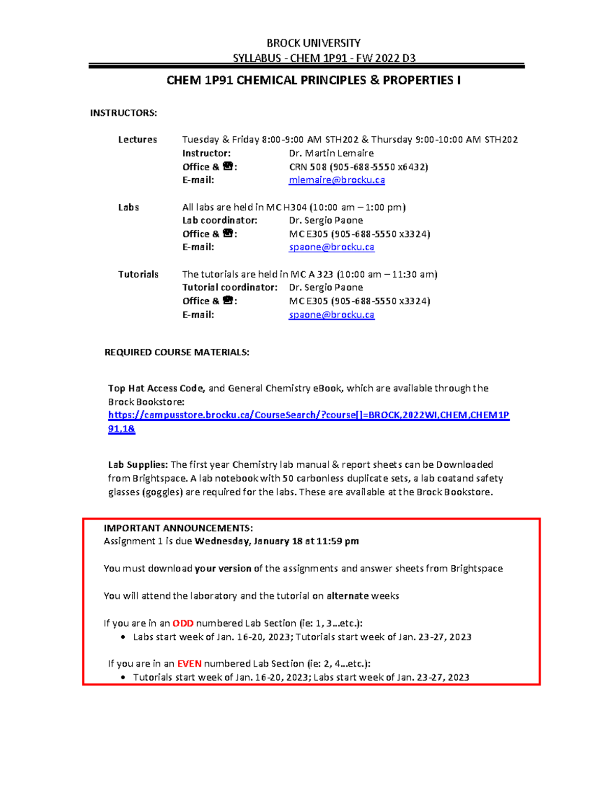 CHEM 1P91 Outline - SYLLABUS - CHEM 1P91 - FW 2022 D CHEM 1P91 CHEMICAL ...
