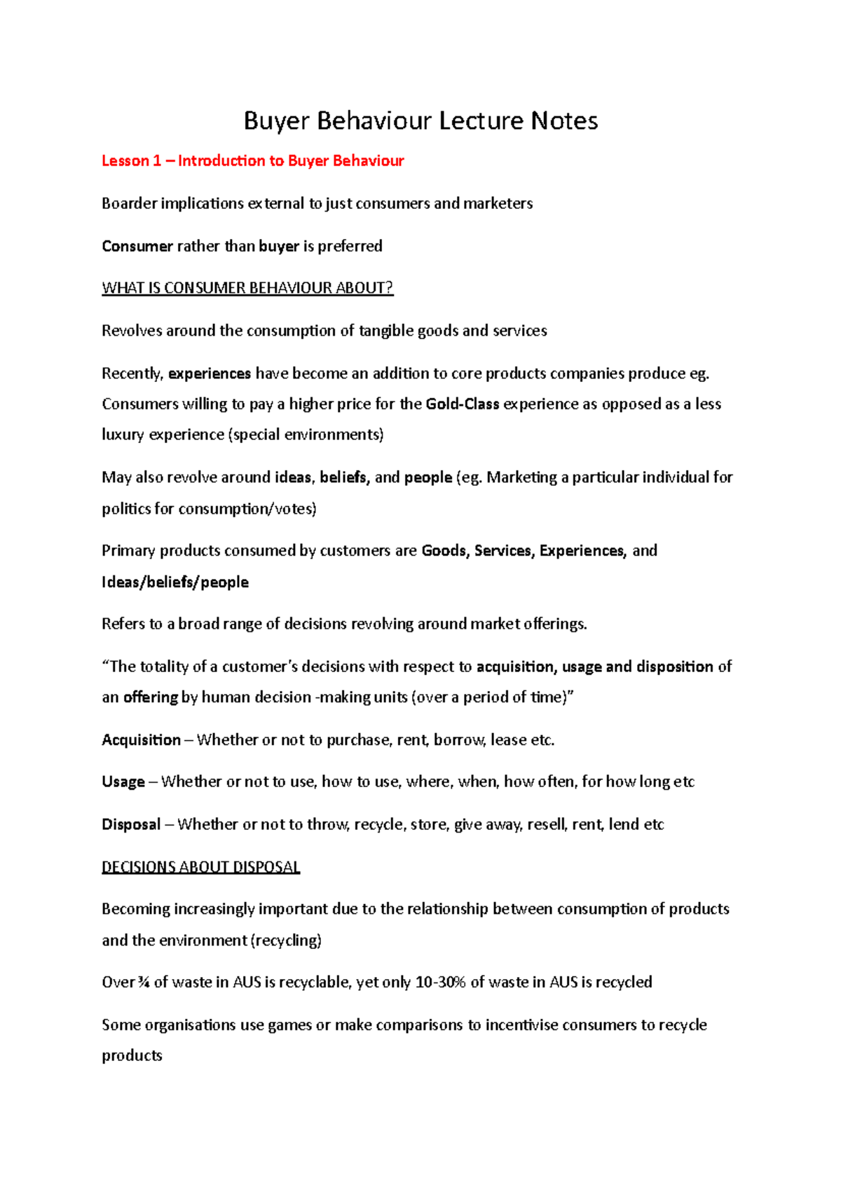 Buyer Behaviour Lecture Notes Buyer Behaviour Lecture Notes Lesson 1 Introduction To Buyer