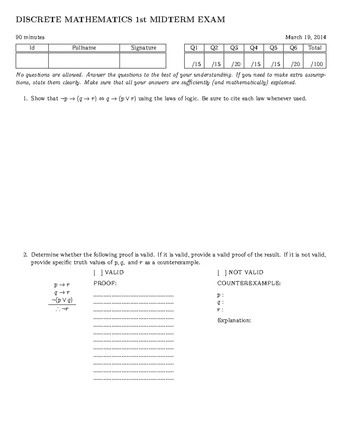 Midterm 1 - DISCRETE MATHEMATICS 1st MIDTERM EXAM 90 minutes March 19 ...