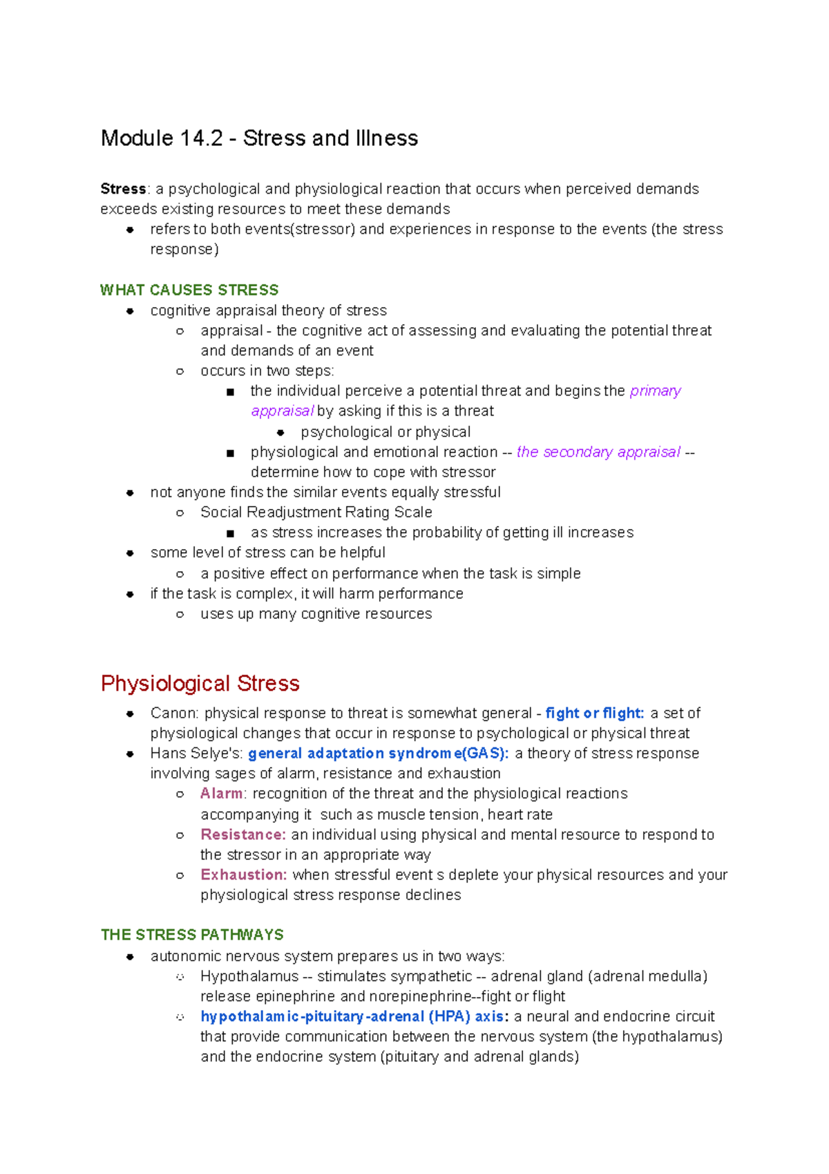 PSY100H1 UTSG Reading Notes Module 14.2 - Stress and Illness - Module ...