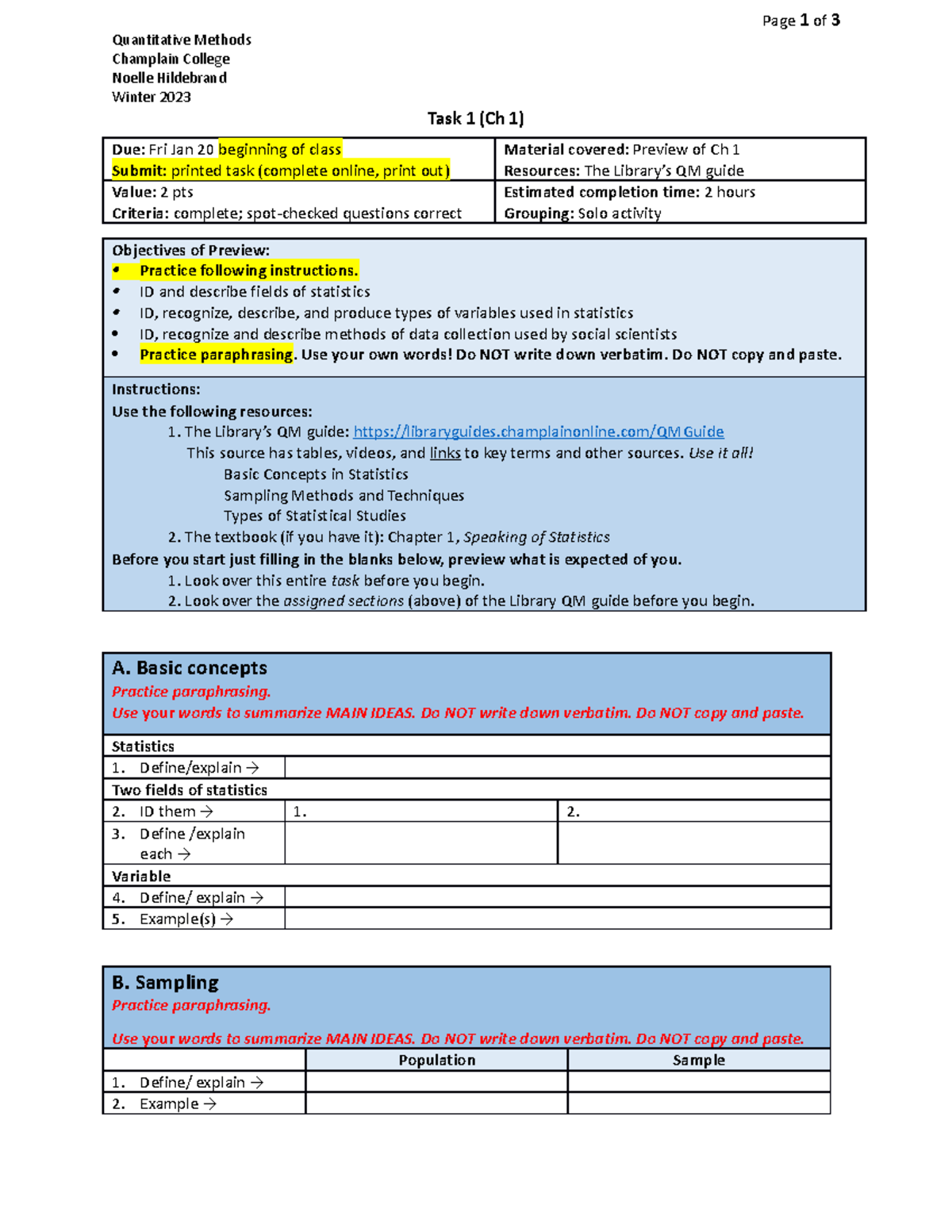 Task1 w23 - qm task - Page 1 of 3 Quantitative Methods Champlain ...