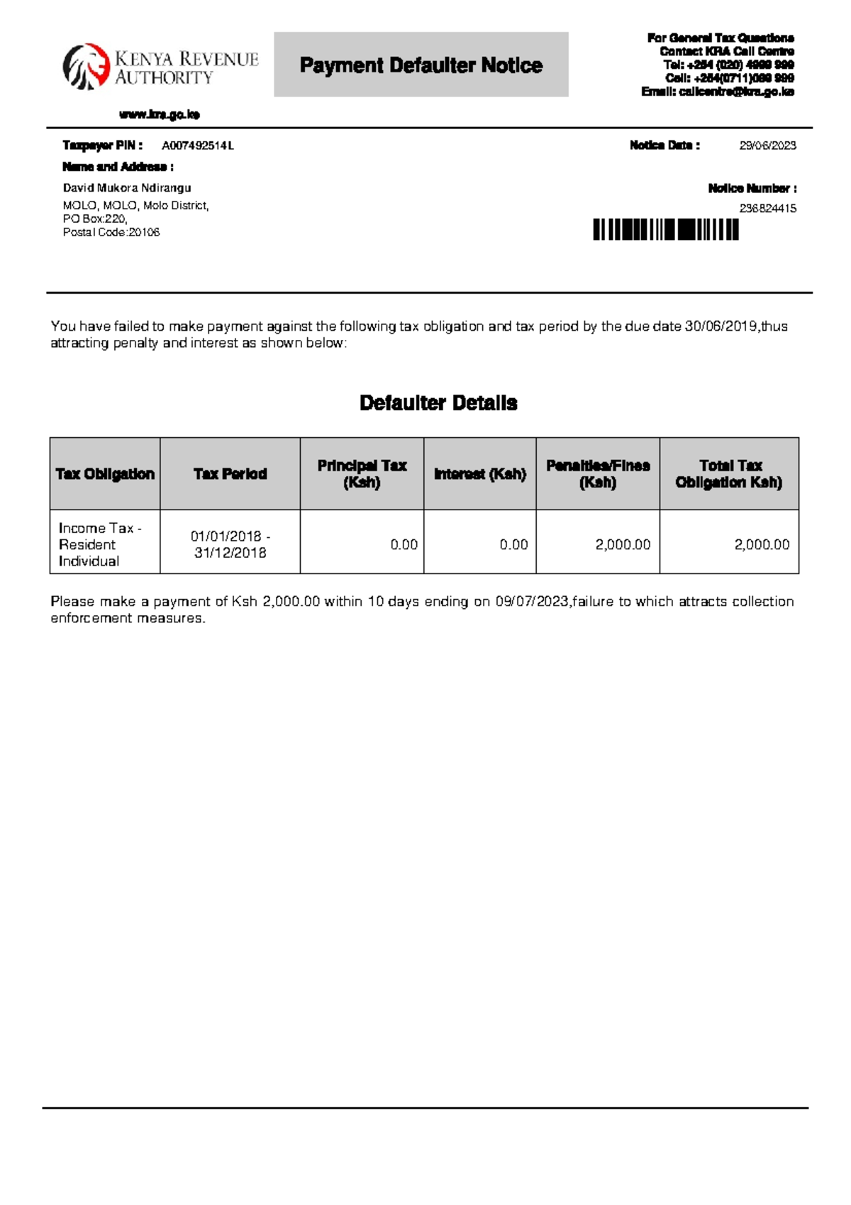 Payment Defaulter Notice - For General Tax Questions Contact KRA Call ...