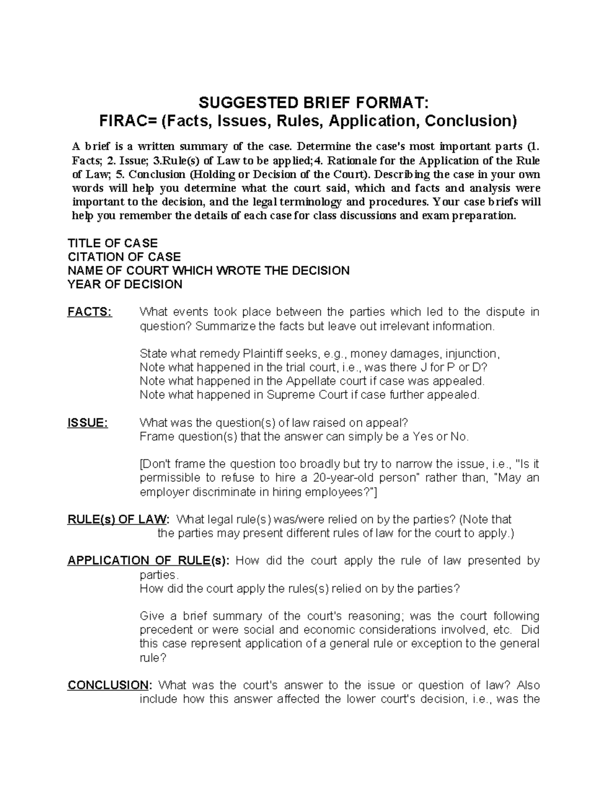 How to Brief-Sample Brief - SUGGESTED BRIEF FORMAT: FIRAC= (Facts ...