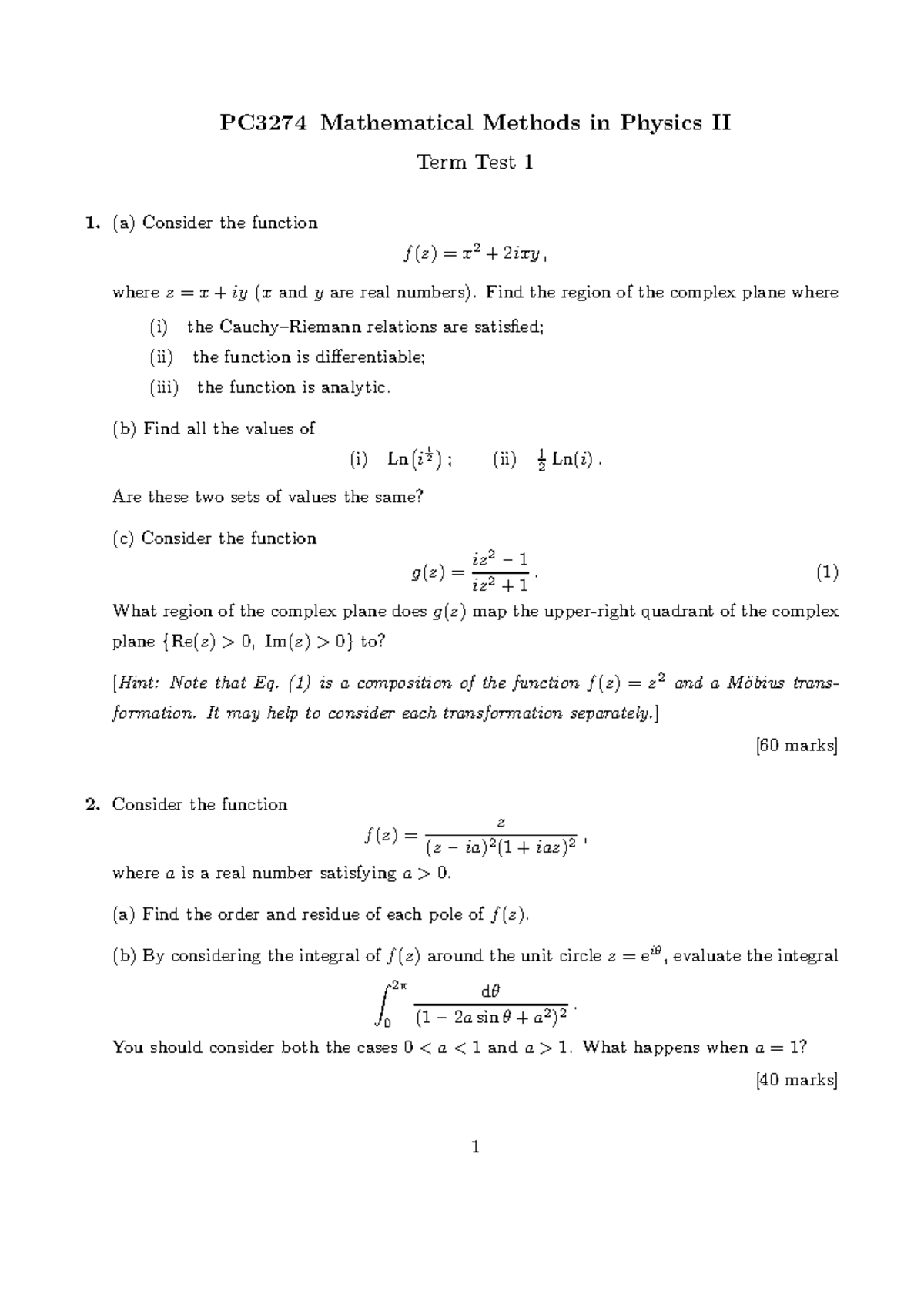 Practice Sample Test 1 - PC3274 Mathematical Methods in Physics II Term ...