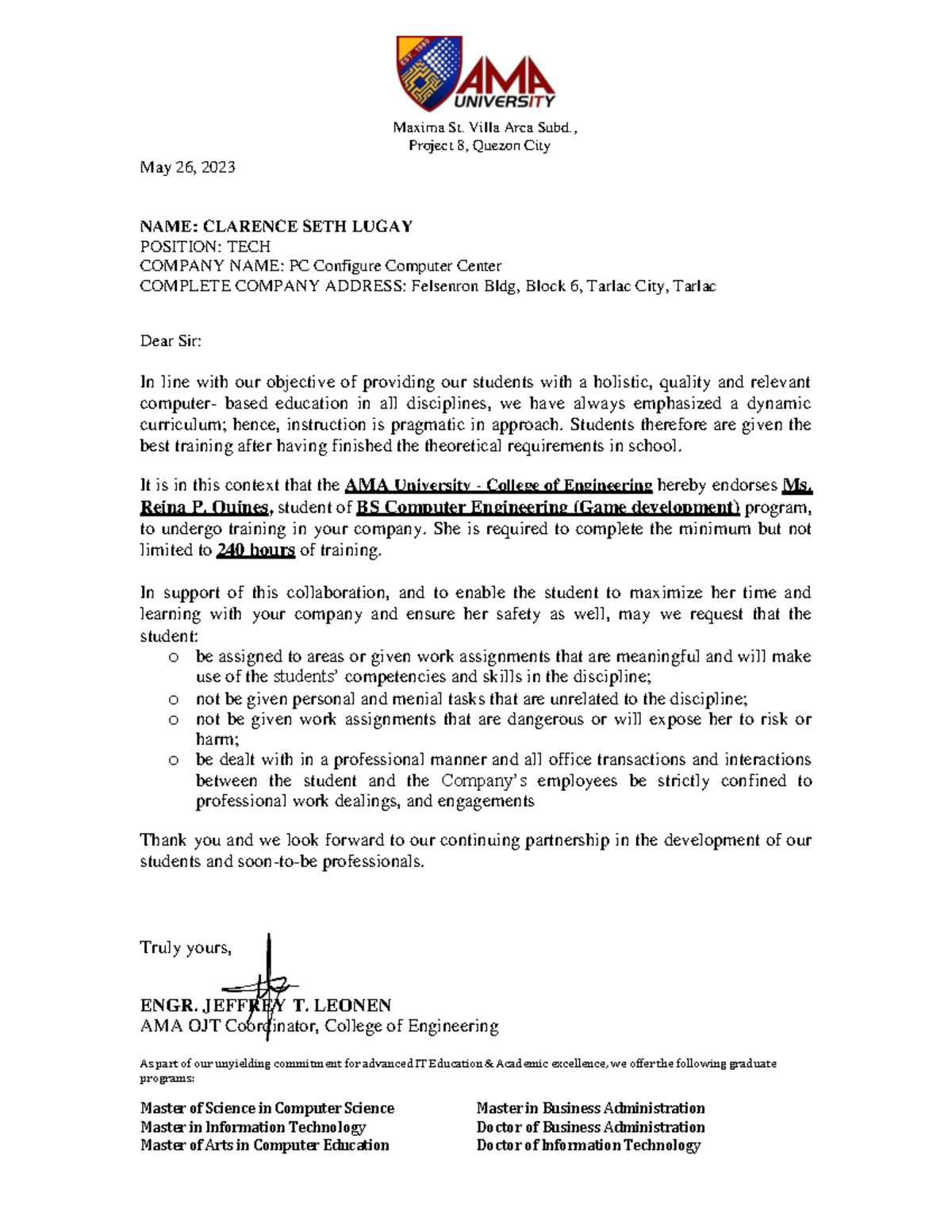Endorsement Letter PC Center - May 26 , 2023 Maxima St. Villa Arca Subd ...