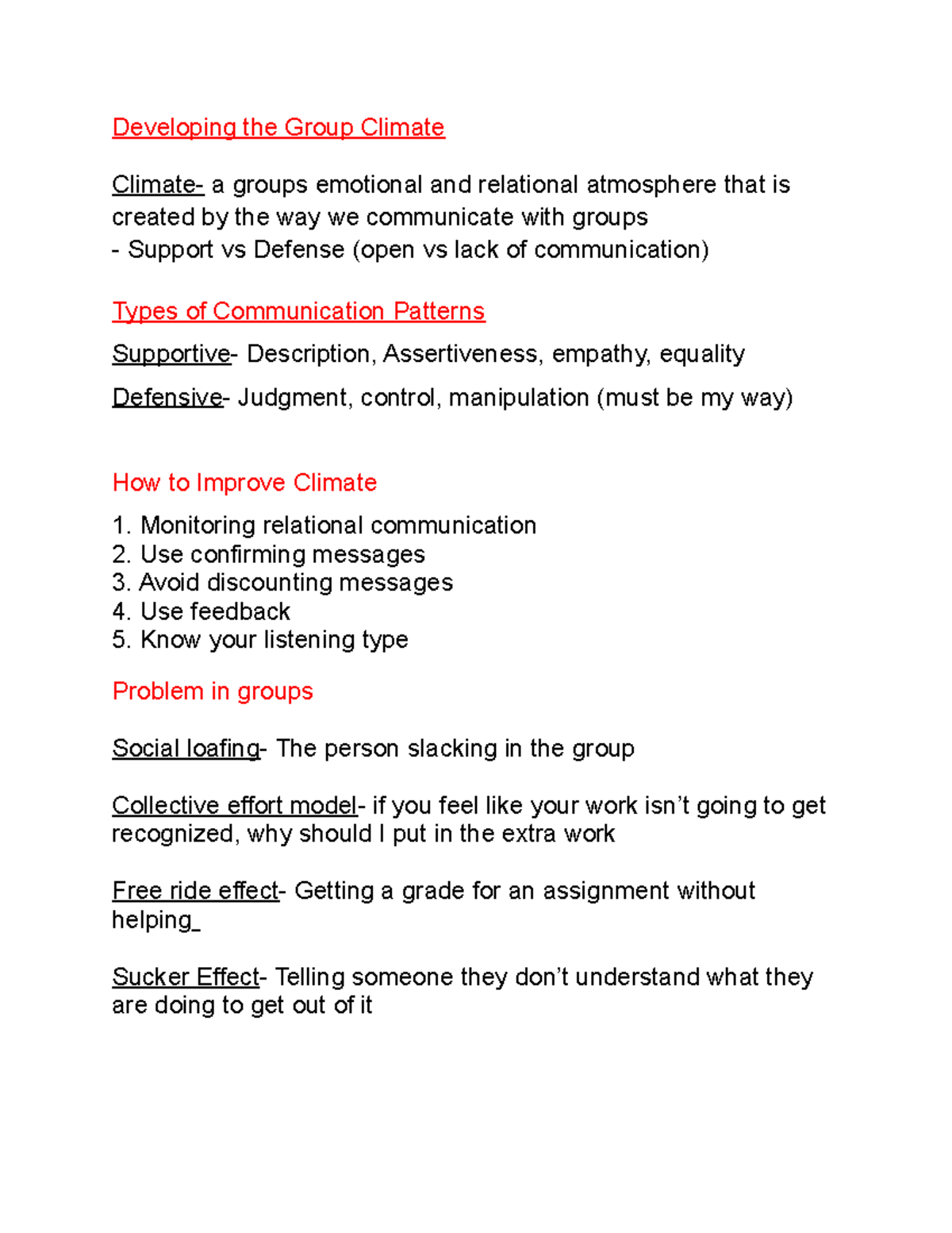 Comm notes 2 - Developing the Group Climate Climate- a groups emotional ...