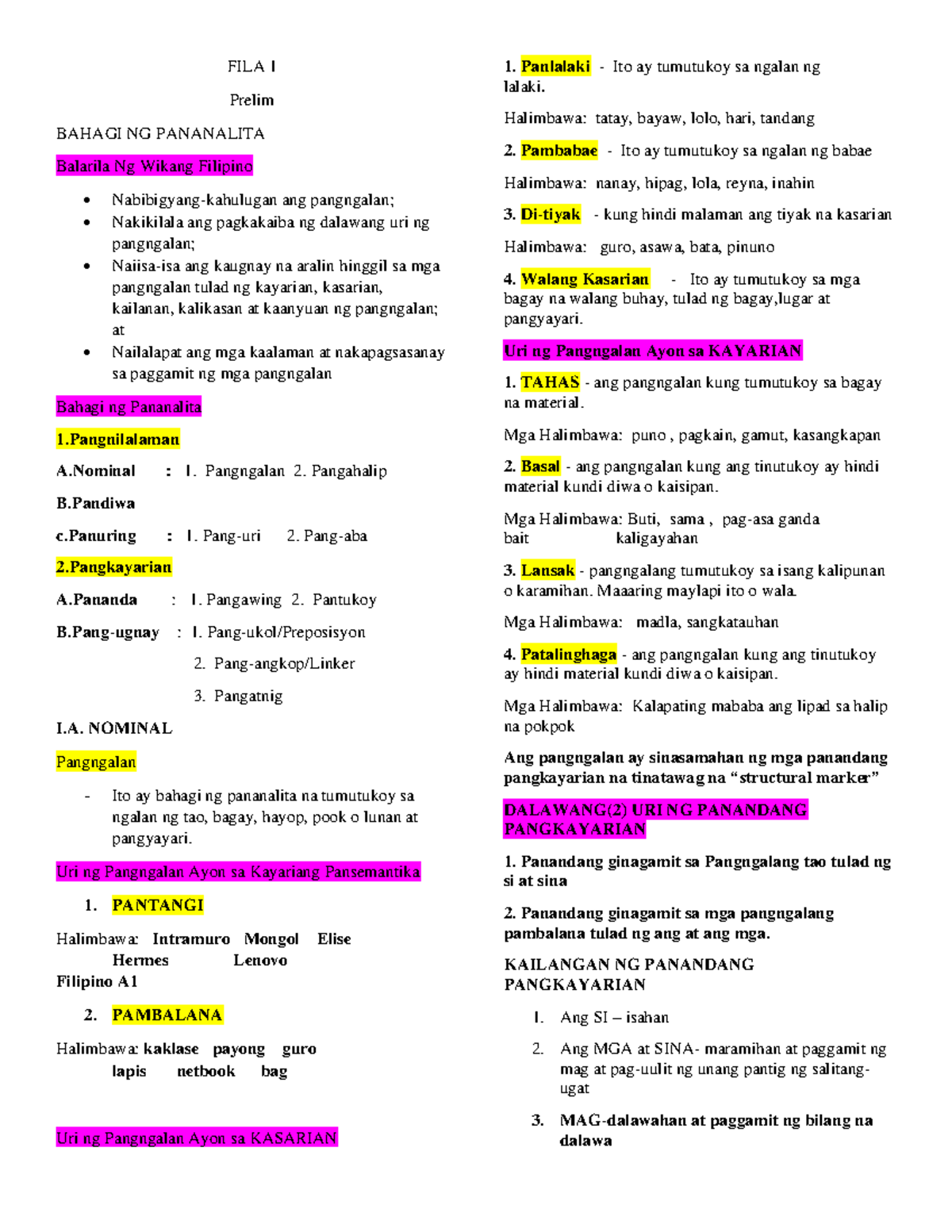 Fil a 1 prelim 1 - Hehe - FILA 1 Prelim BAHAGI NG PANANALITA Balarila ...