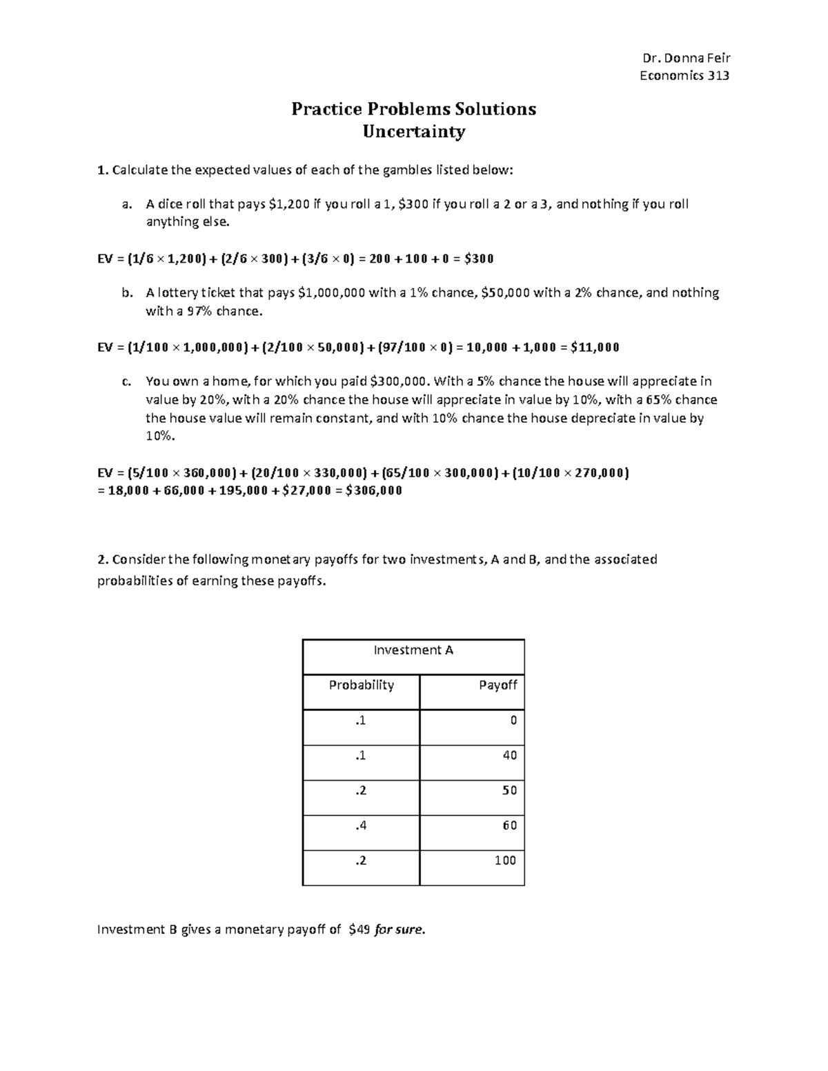 Uncertainty Practice Problems Solutions - Economics 313 Practice ...