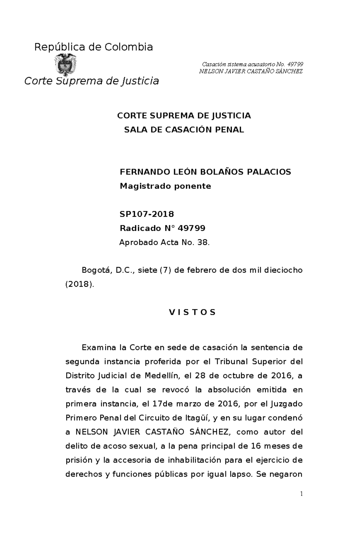 SP107-2018 (49799) - jurisprudencia - Casación sistema acusatorio No ...