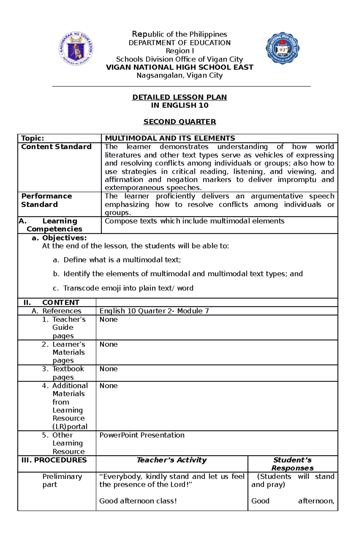 Multimodal lesson plan for grade 10 - Republic of the Philippines ...
