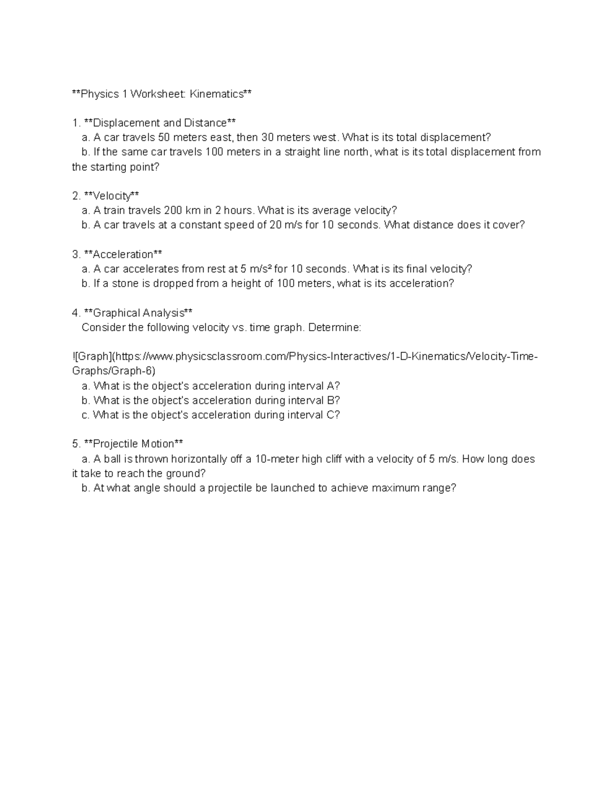 Physics Practice - Pls use - Physics 1 Worksheet: Kinematics ...