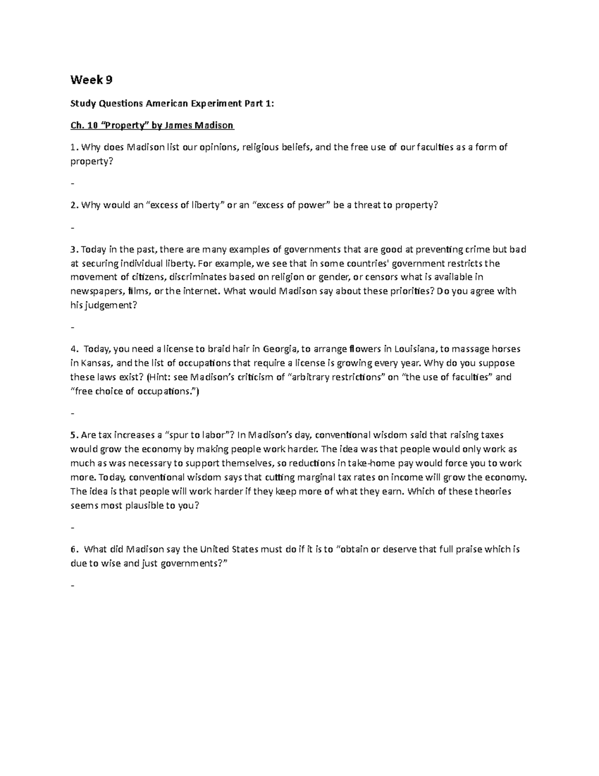 Test 2 study questions - Week 9 Study Questions American Experiment ...