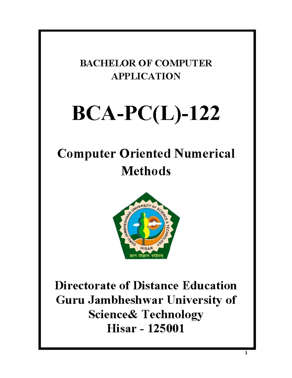 Computer Oriented Numerical Methods - BACHELOR OF COMPUTER APPLICATION BCA-PC(L)- Computer ...