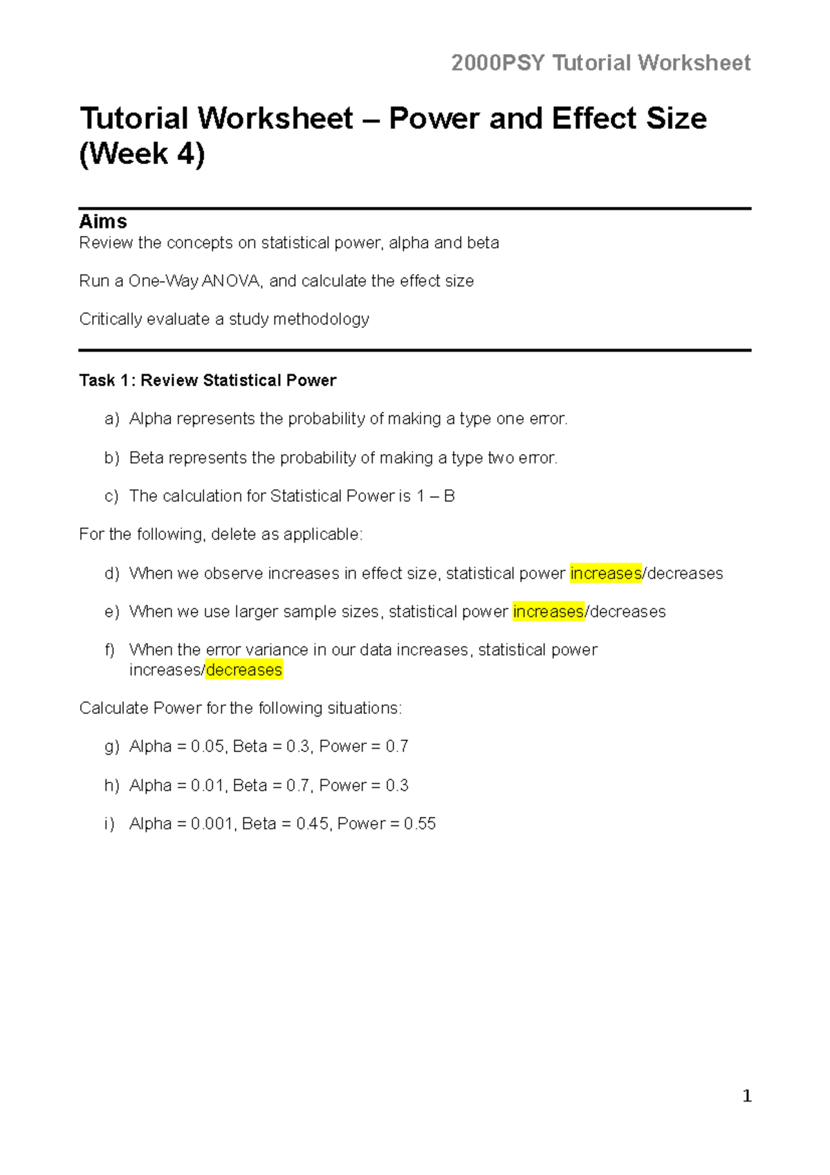 Week 04 - Power and Effect Sizes - Tutorial Worksheet – Power and ...