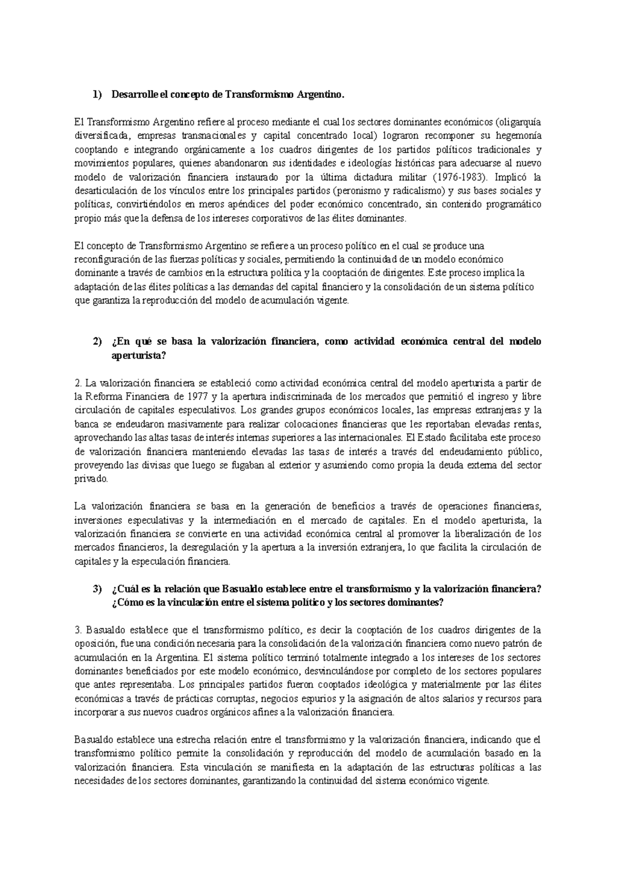 Resumen Basualdo - Desarrolle el concepto de Transformismo Argentino ...