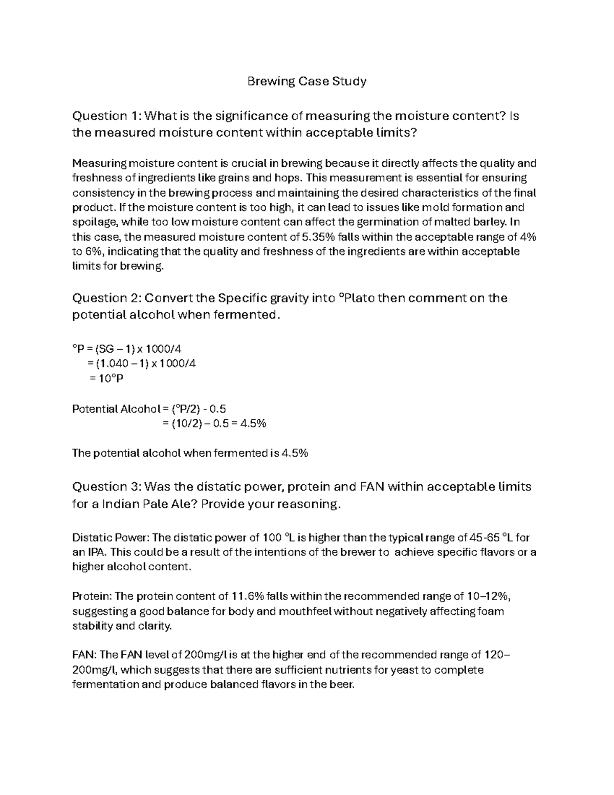 Brewing Case Study - Brewing Case Study Question 1: What is the significance of measuring the ...