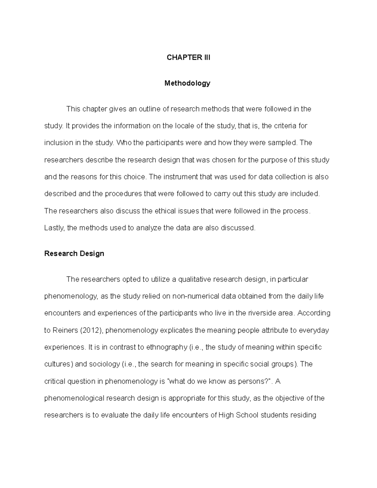 Chapter III sample only for your pattern - CHAPTER III Methodology This ...