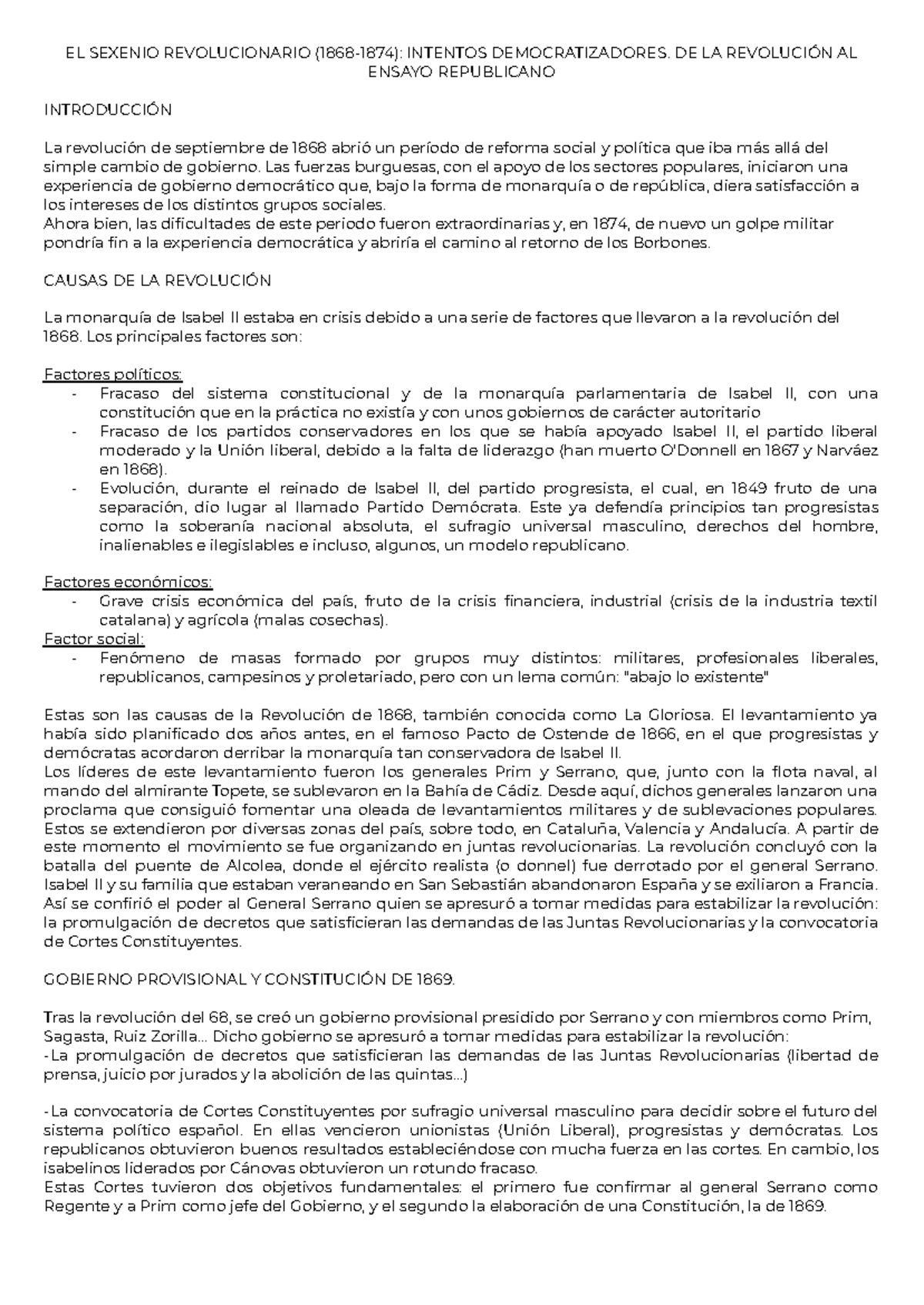 EL Sexenio Revolucionario - EL SEXENIO REVOLUCIONARIO (1868-1874): INTENTOS DEMOCRATIZADORES. DE ...