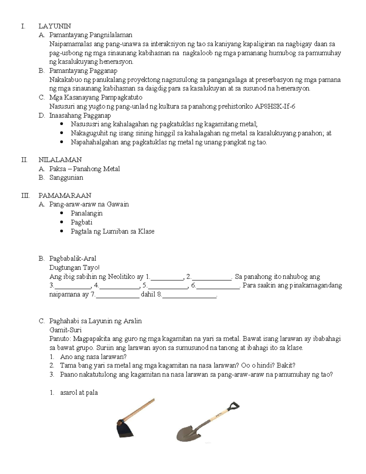 PANG1- Lesson-PLAN - I. LAYUNIN A. Pamantayang Pangnilalaman ...